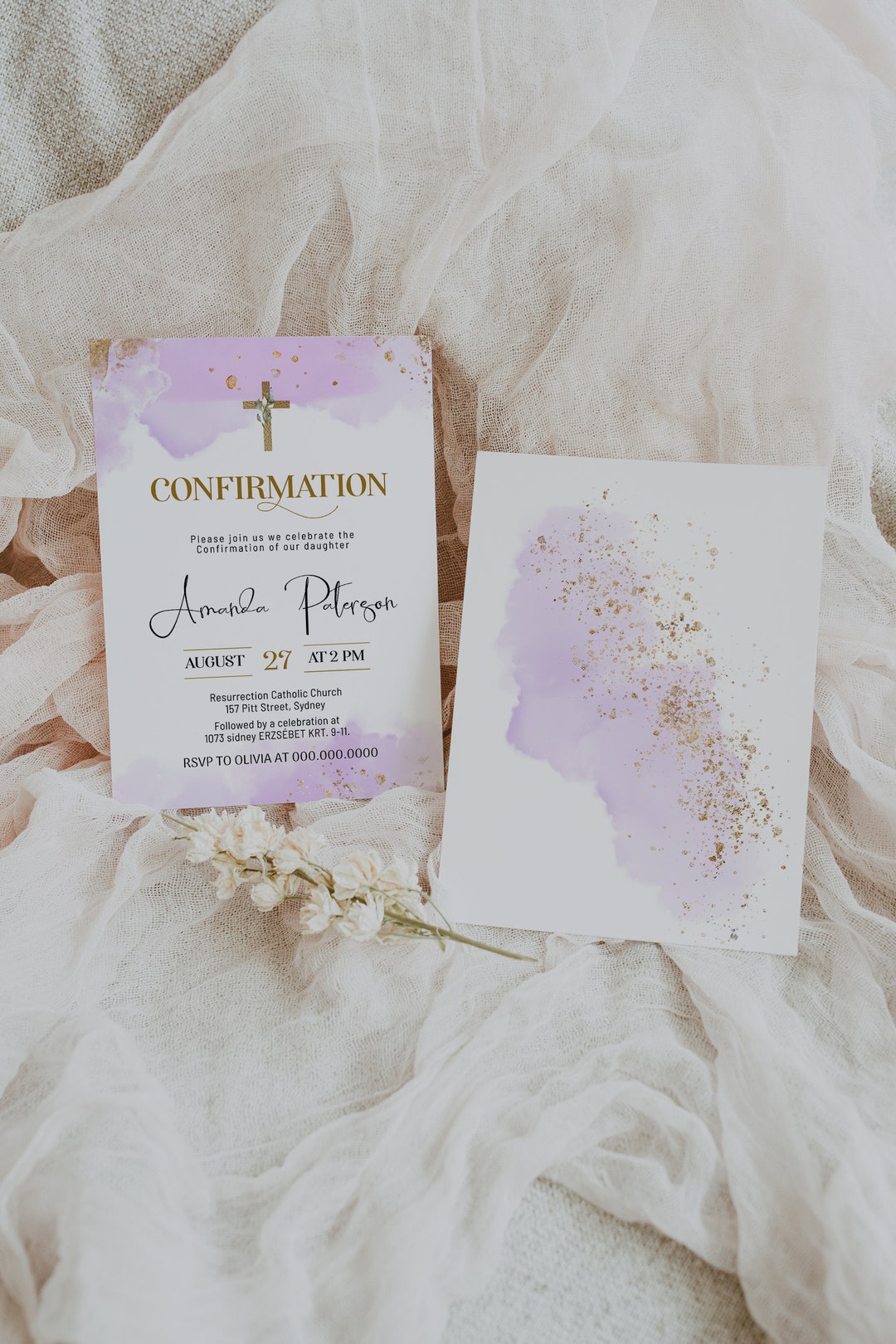 Light Purple Confirmation Invitation Template, Purple Gold Baptism ...