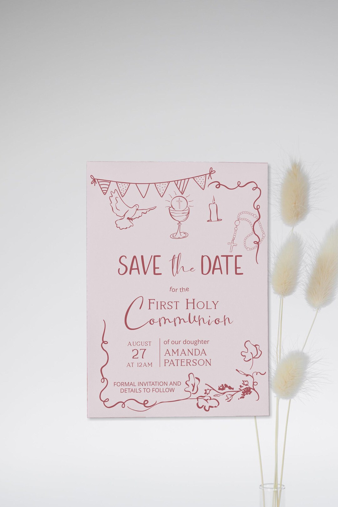Communion Save the Date Template, Pink First Communion Invite ...