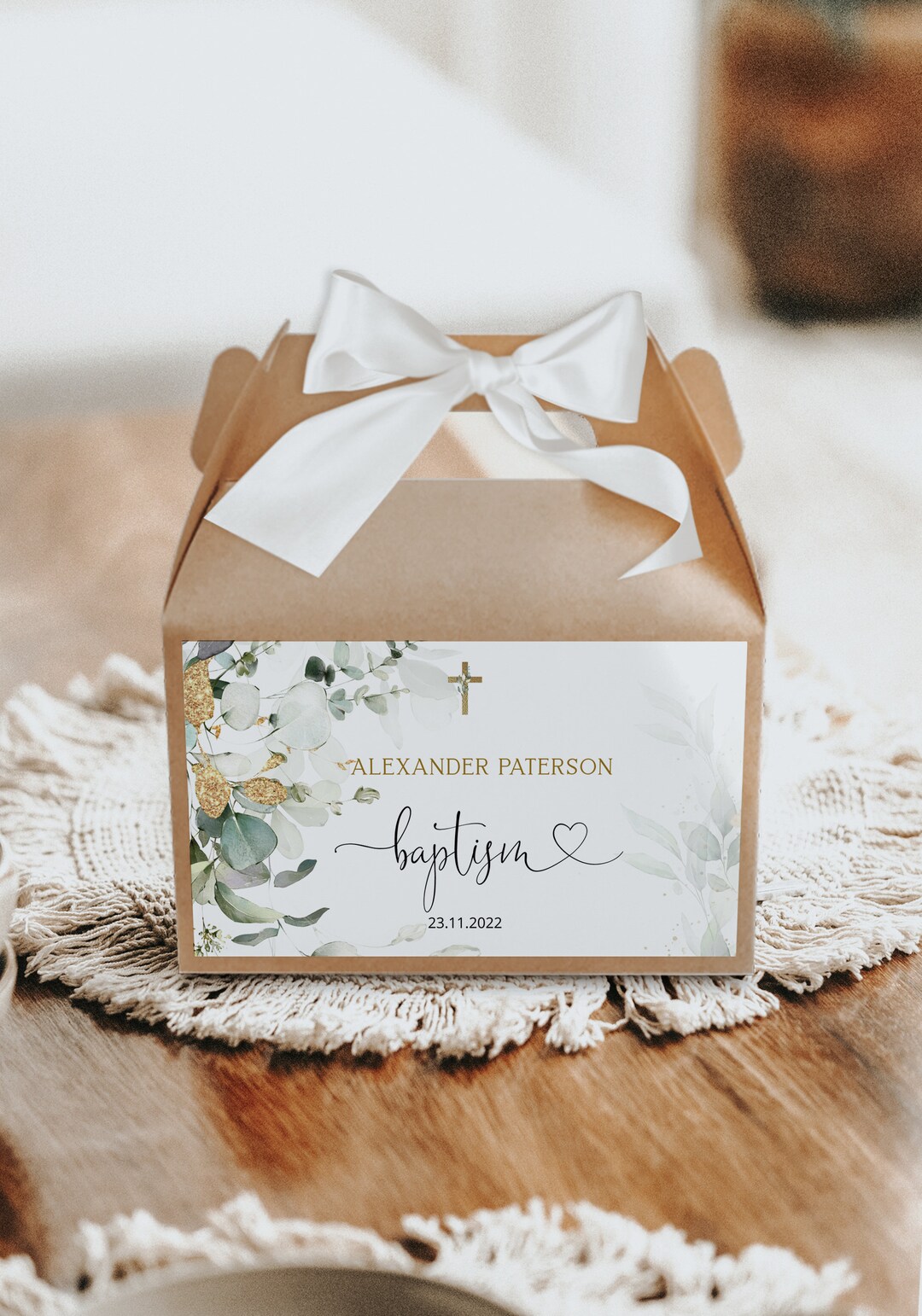 Green Gold Baptism Gable Box Label Template, Christenin Favor Gifts ...