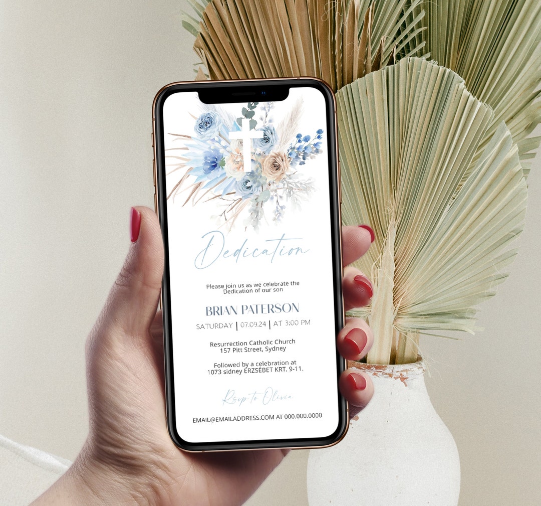 Blue Boho Electronic Baby Dedication Invitation Template, Smart Phone ...