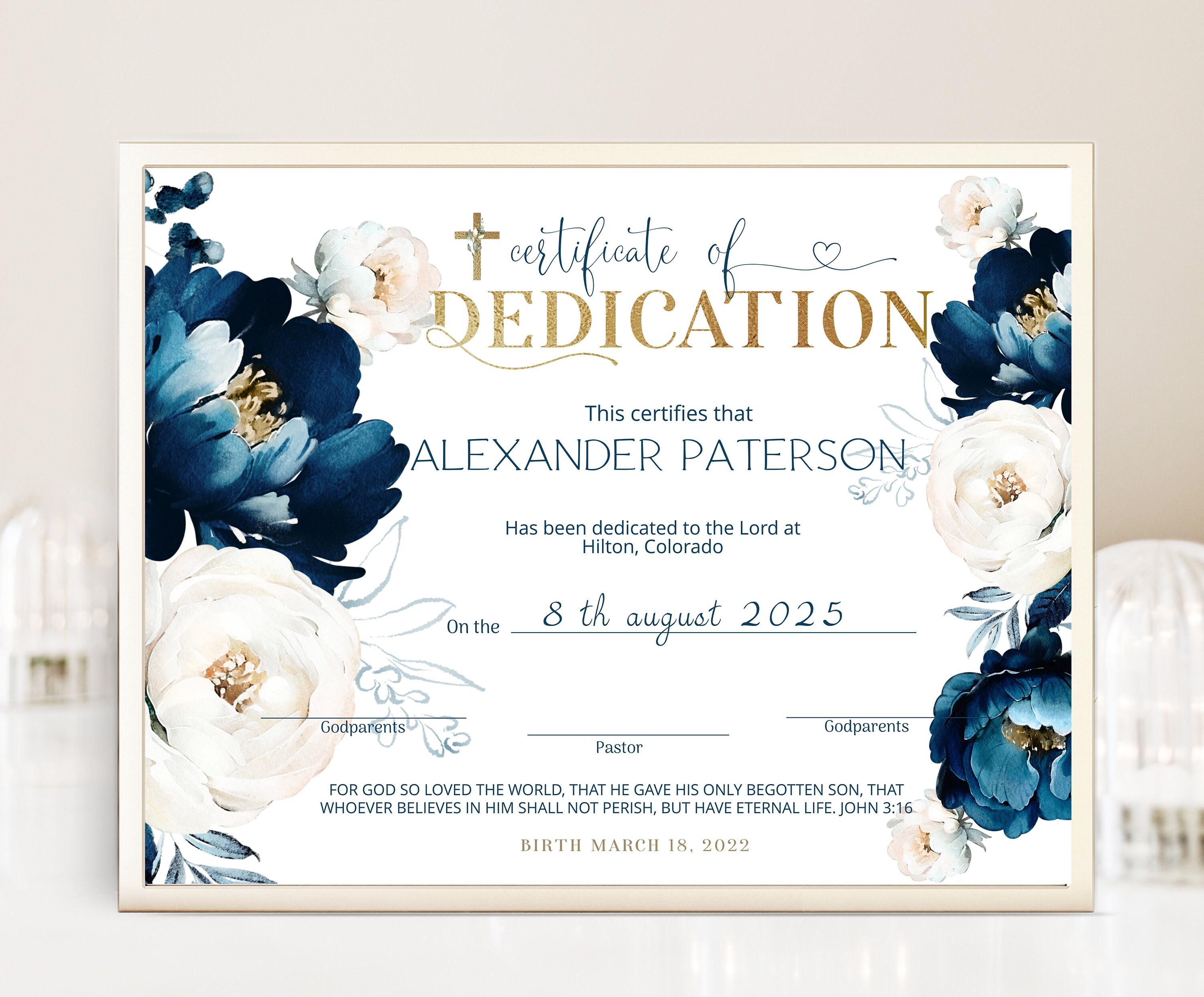 Blue Flowers Dedication Certificate Template, Blue Gold Christening ...