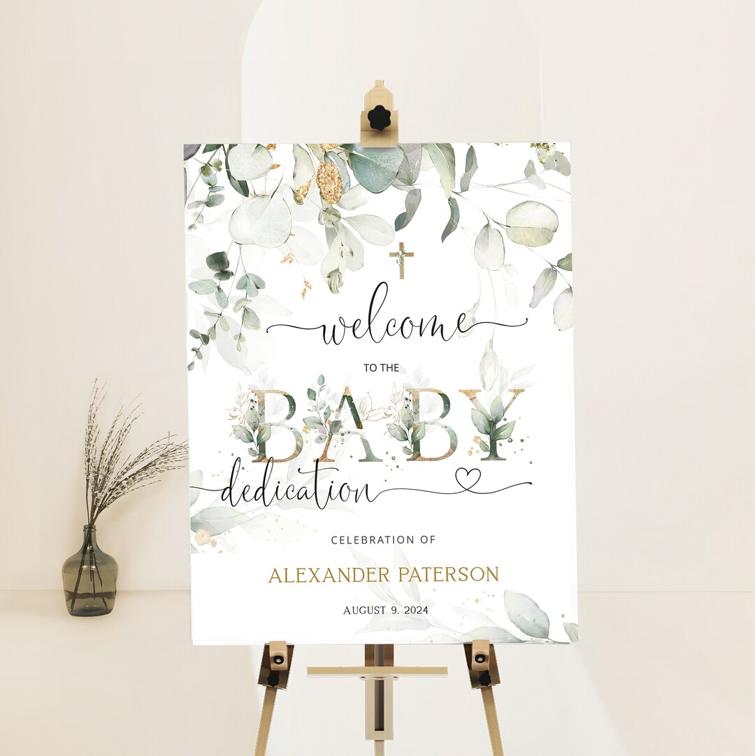 Green Gold Dedication Welcome Sign Template, Printable Greenery Baptism ...