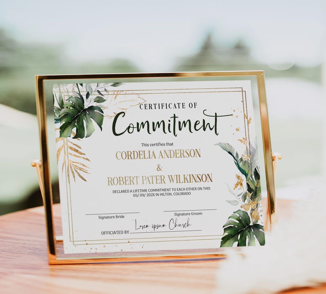 Commitment Certificate Template, Tropical Wedding Gift Card, Editable ...