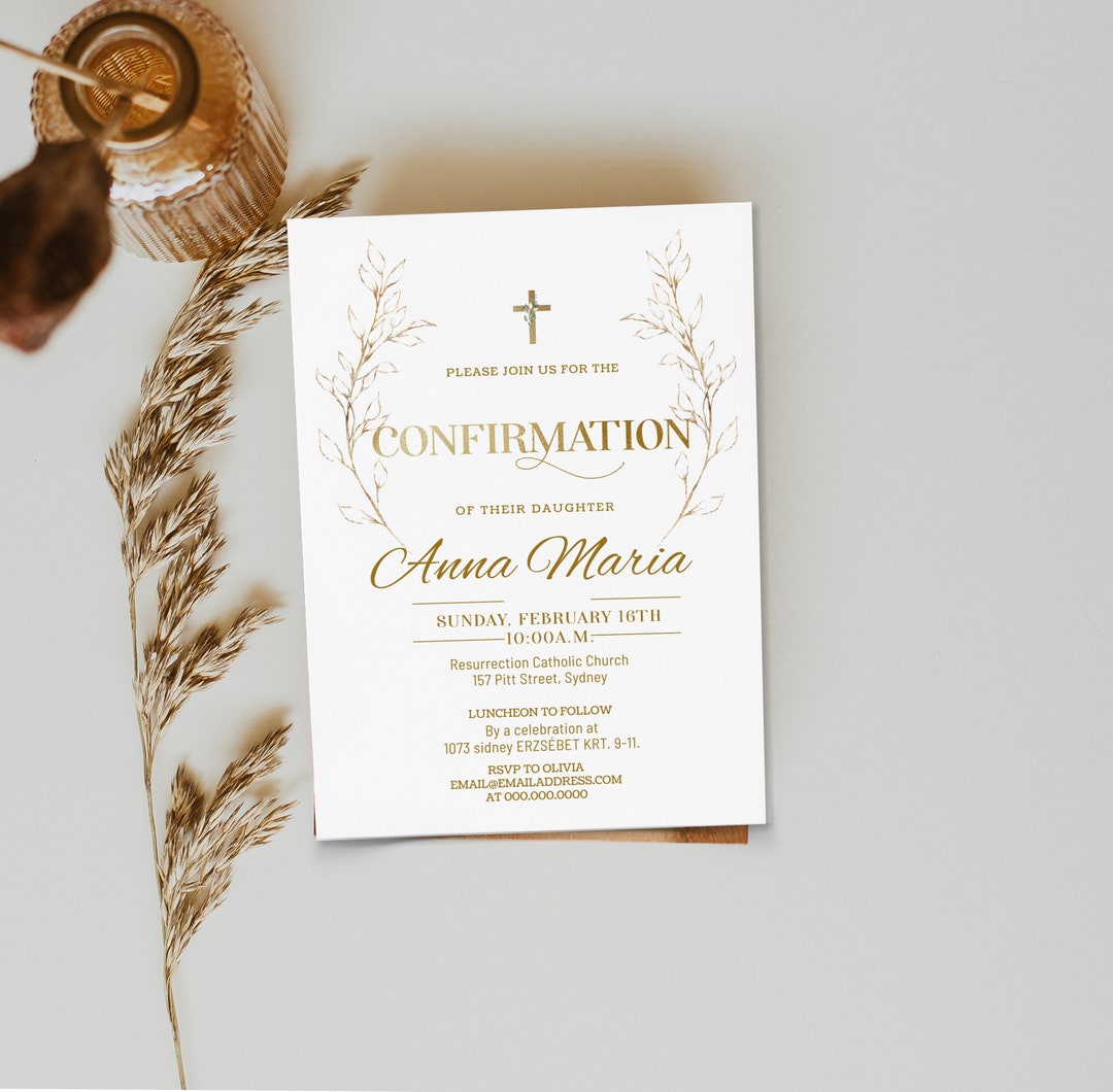 Confirmation Invitation Template, Editable Gold Christening Invitation ...