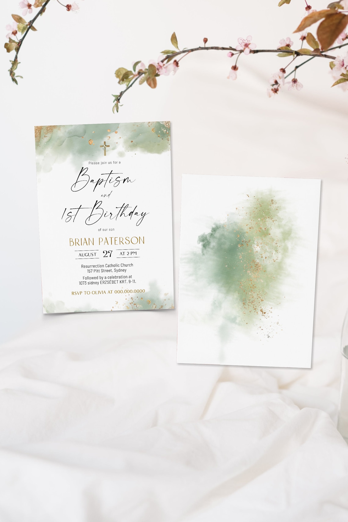 Sage Green Gold Baptism and 1st Birthday Invitation Template ...