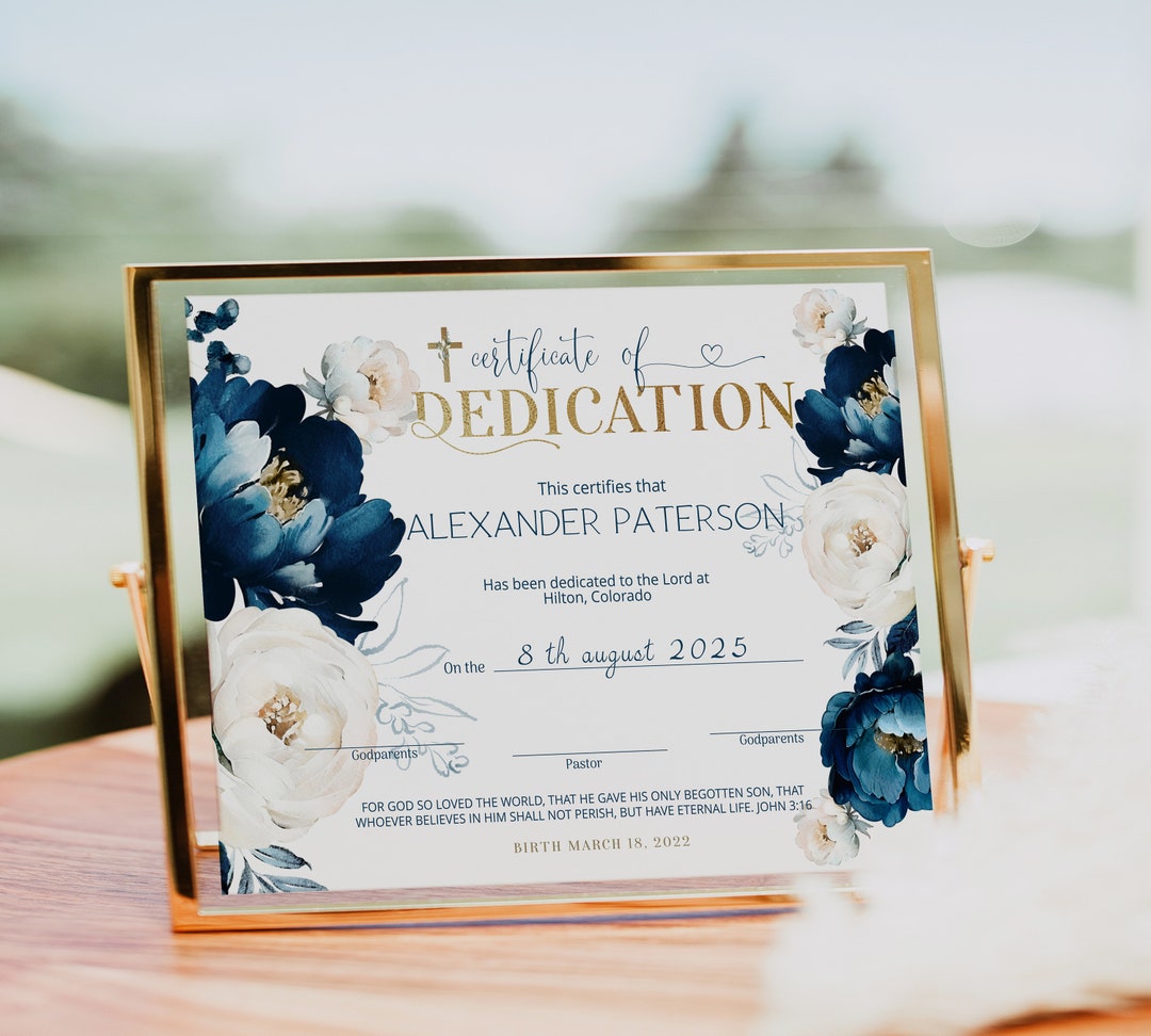 Blue Flowers Dedication Certificate, Blue Gold Christening, Printable ...