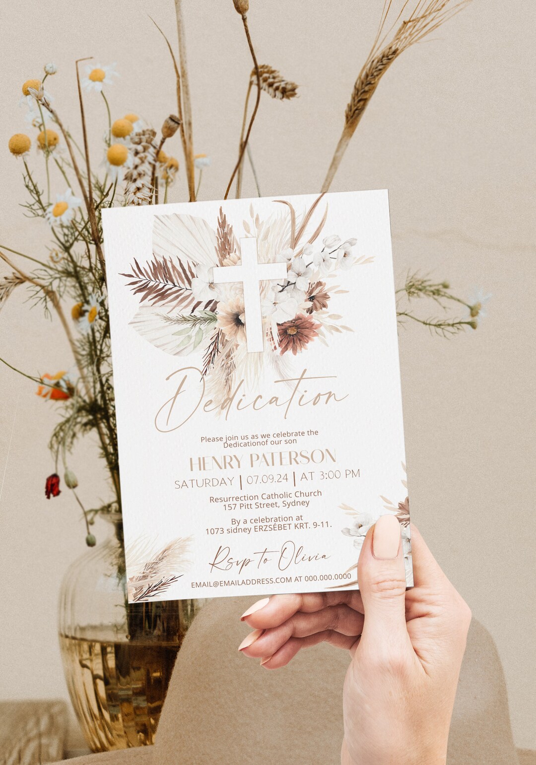 Pampas Grass Dedication Invitation, Boho Baptism Invite, Dedication ...