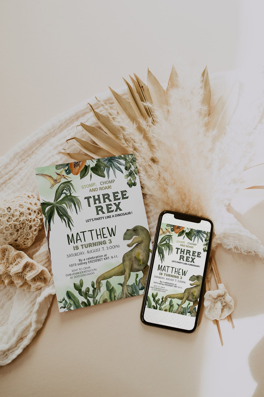 Editable Three Rex Invitation Boy, Dinosaur Birthday Party Invitation ...