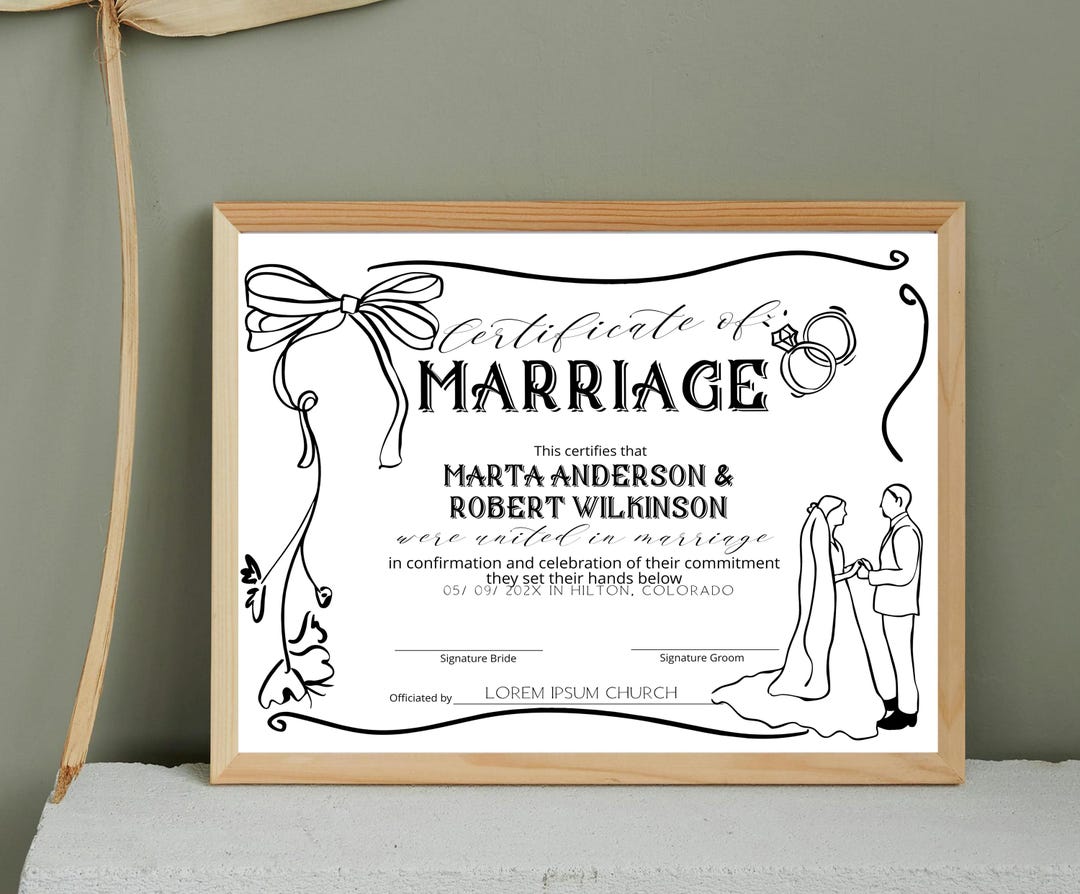 Printable Wedding Ceremony Certificate, Hand Drawn, Wedding Certificate ...