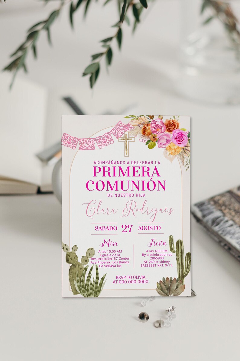 First Holy Communion Spanish Invitation, Girl Communion Invite, Pink ...