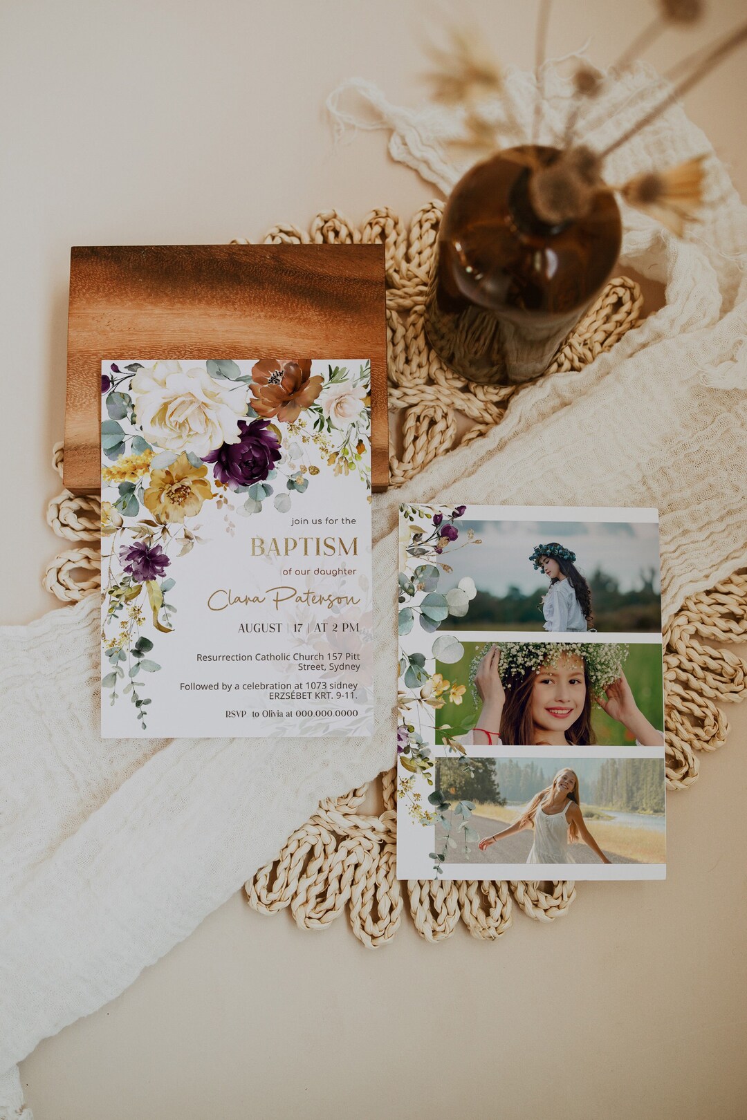 Garden Flowers LDS Baptism Invitation, Purple Boho Baptism Invitation ...