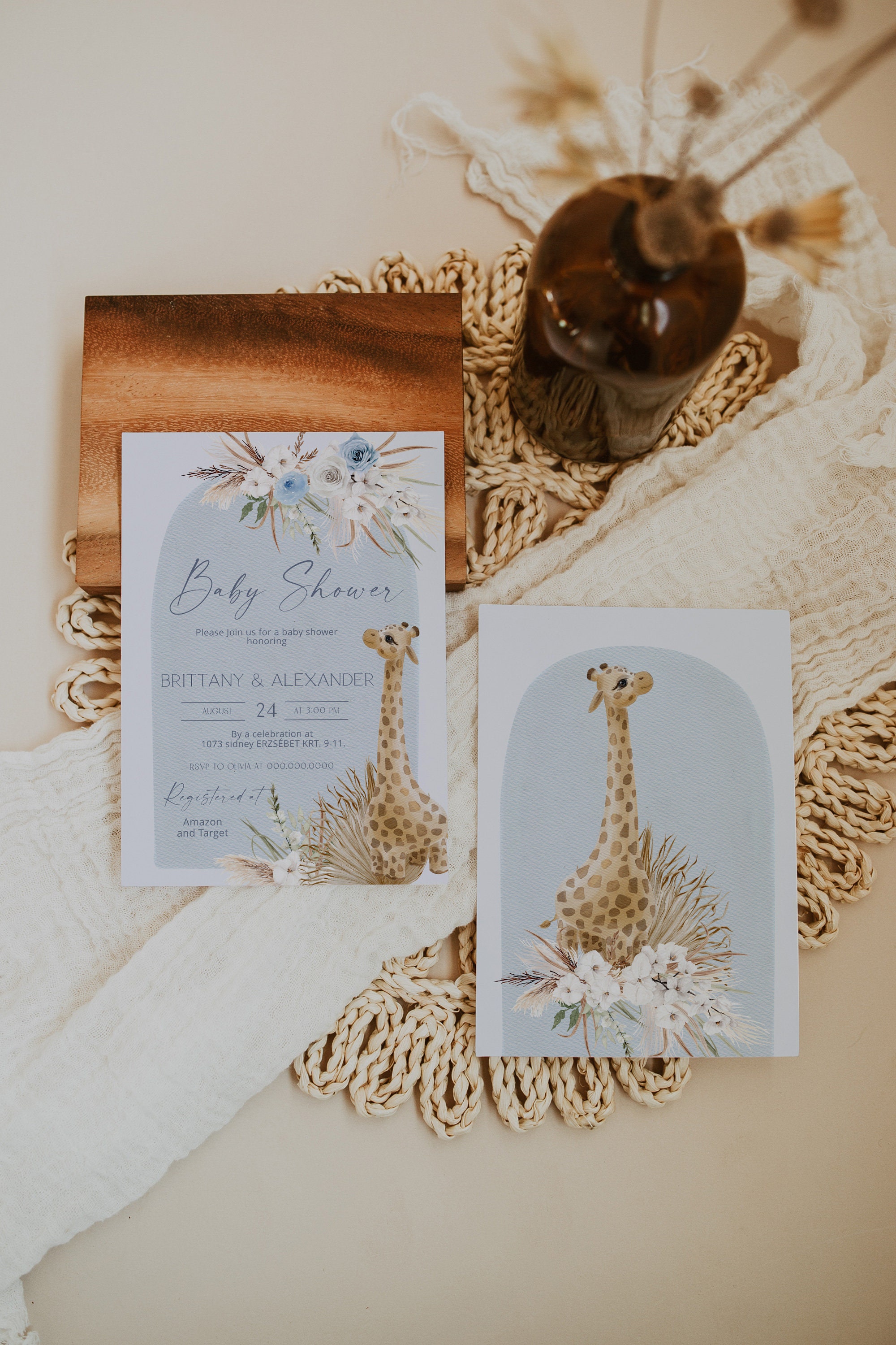 Blue Boho Giraffe Baby Shower Invitation Boho Modern Pampas - Etsy