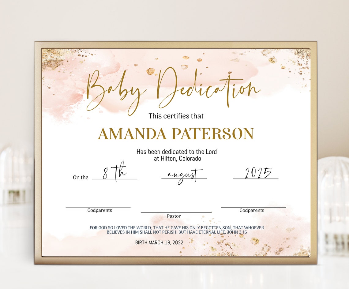 Girl Baby Dedication Certificate Template, Pink Gold Baby Christening ...