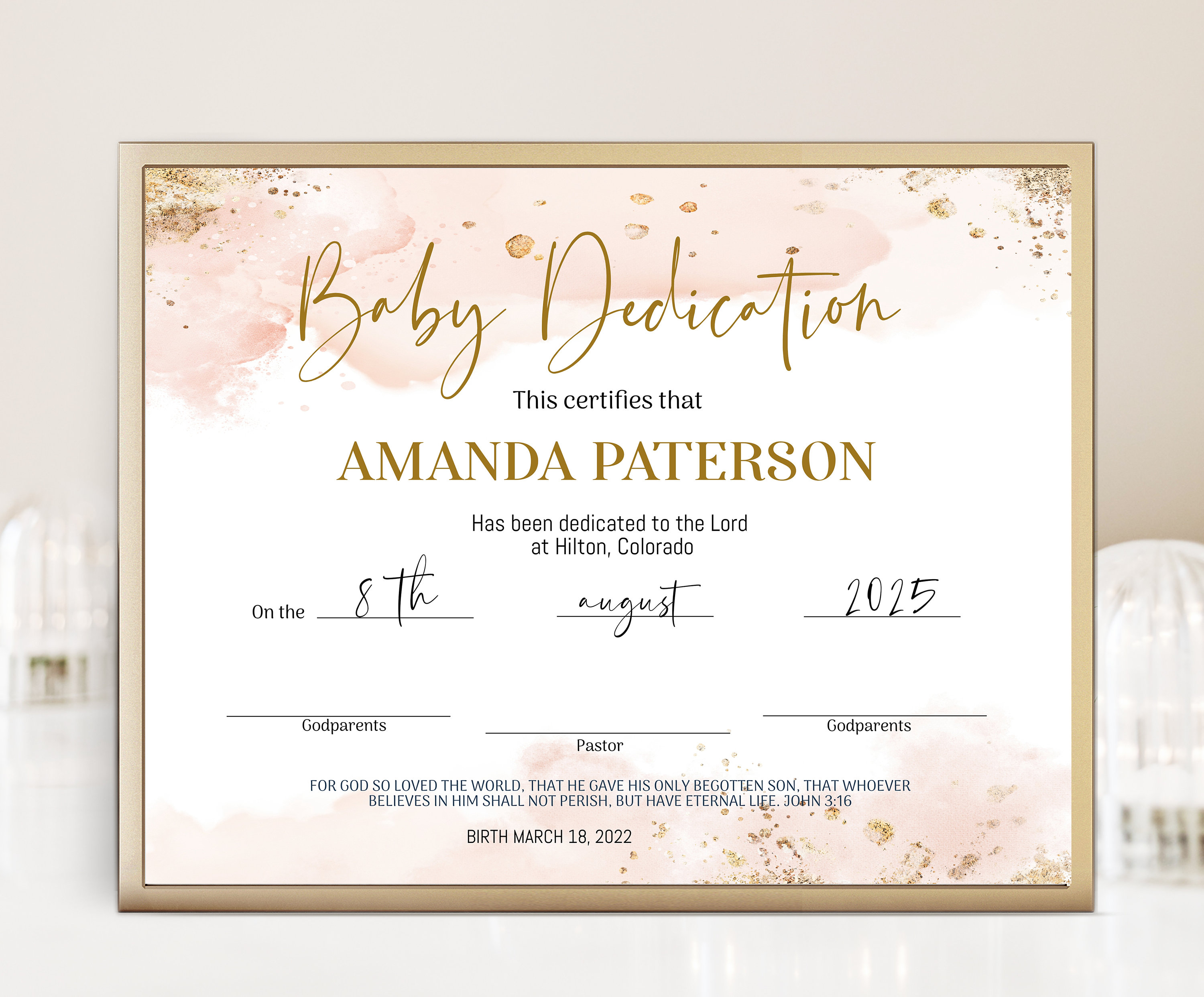 Girl Baby Dedication Certificate Template, Pink Gold Baby Christening ...