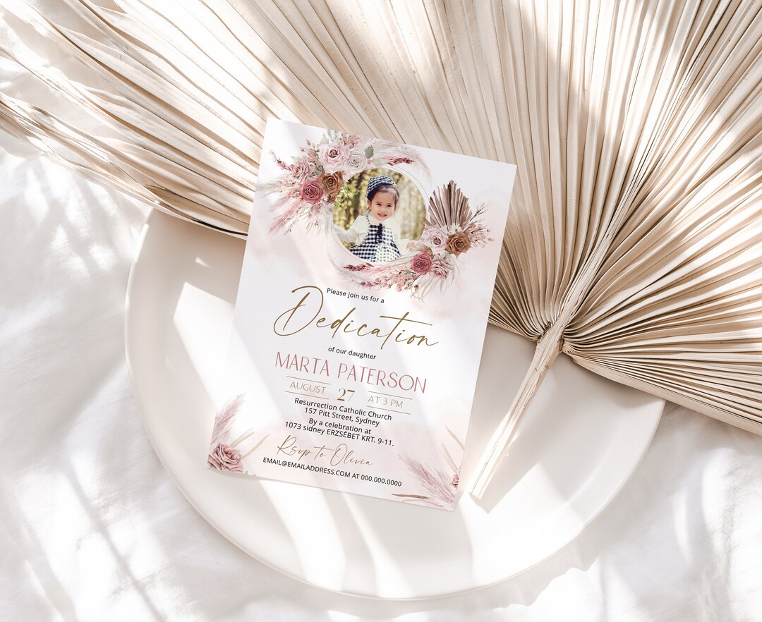 Pink Floral Dedication Invitation Template, Boho Baptism Invite ...
