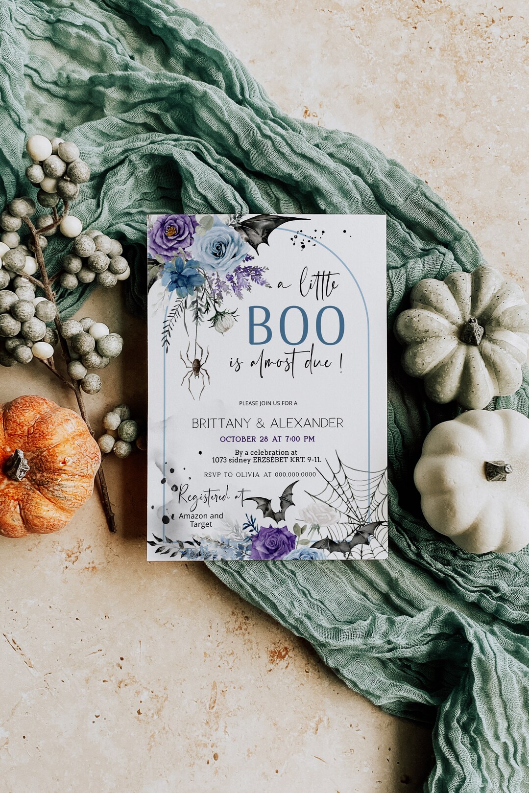 A Little Boo is Due Invitation Template, Blue Floral Baby Shower Invite ...