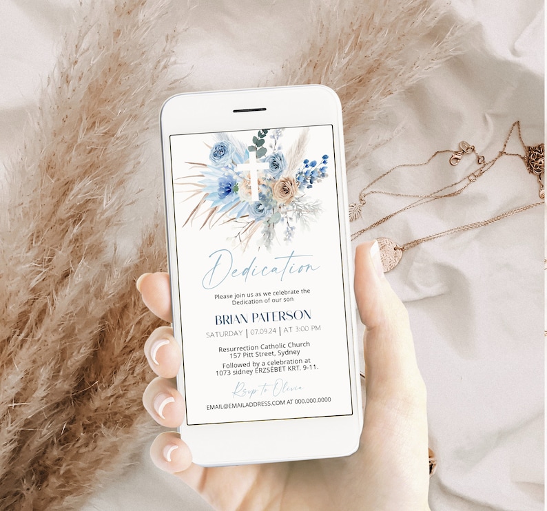 Blue Boho Electronic Baby Dedication Invitation Template, Smart Phone ...