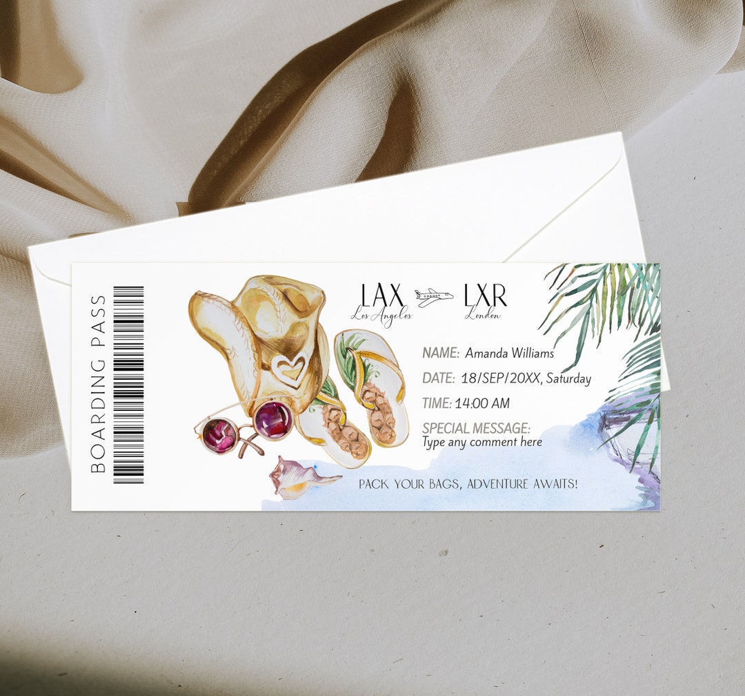 Beach Holiday Ticket Template, Printable Beach Boarding Pass Surprise ...