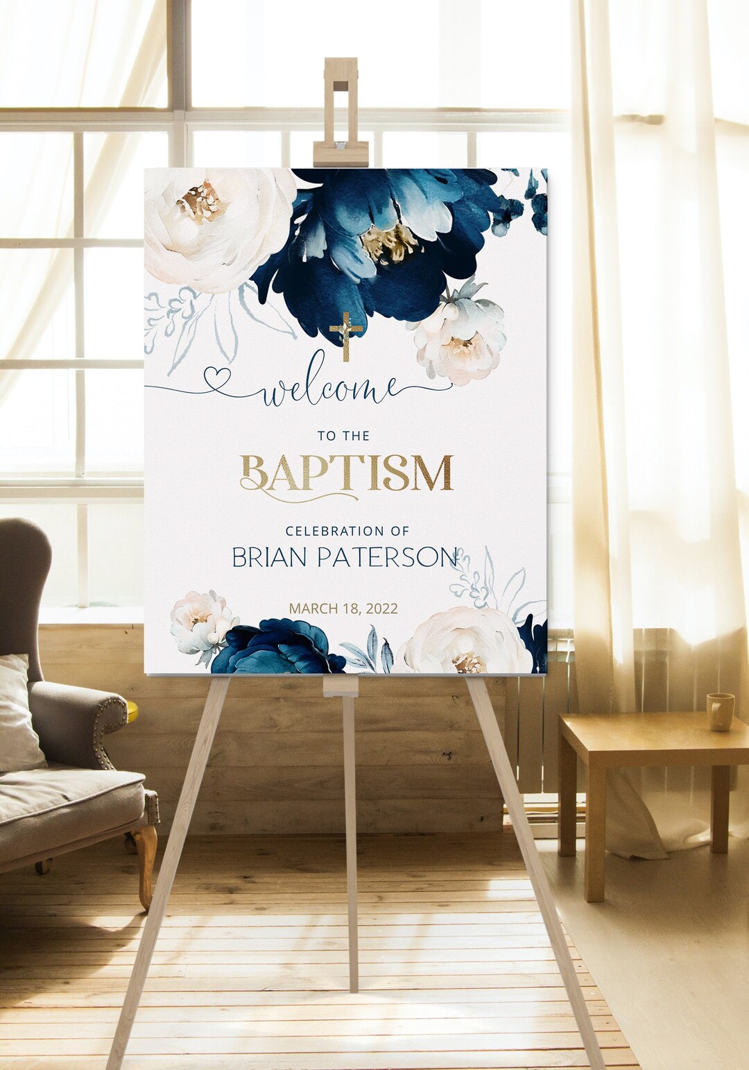 Blue Flowers Baptism Welcome Sign Template, Printable Blue Gold ...