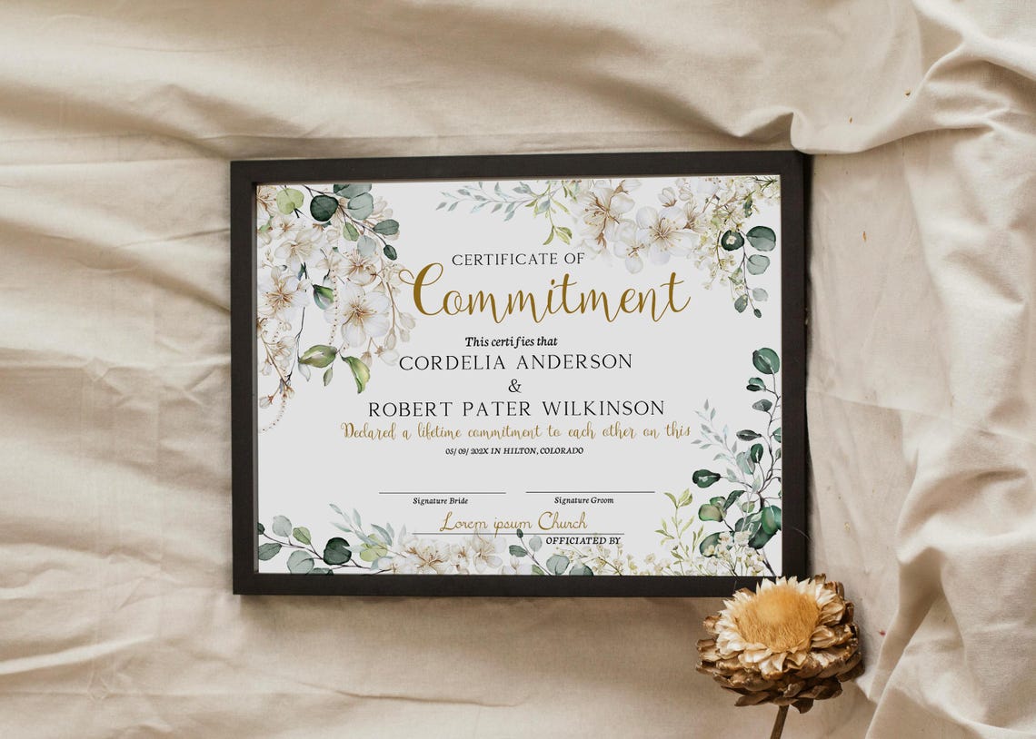 Editable Certificate of Commitment, Greenery Certificate Keepsake ...
