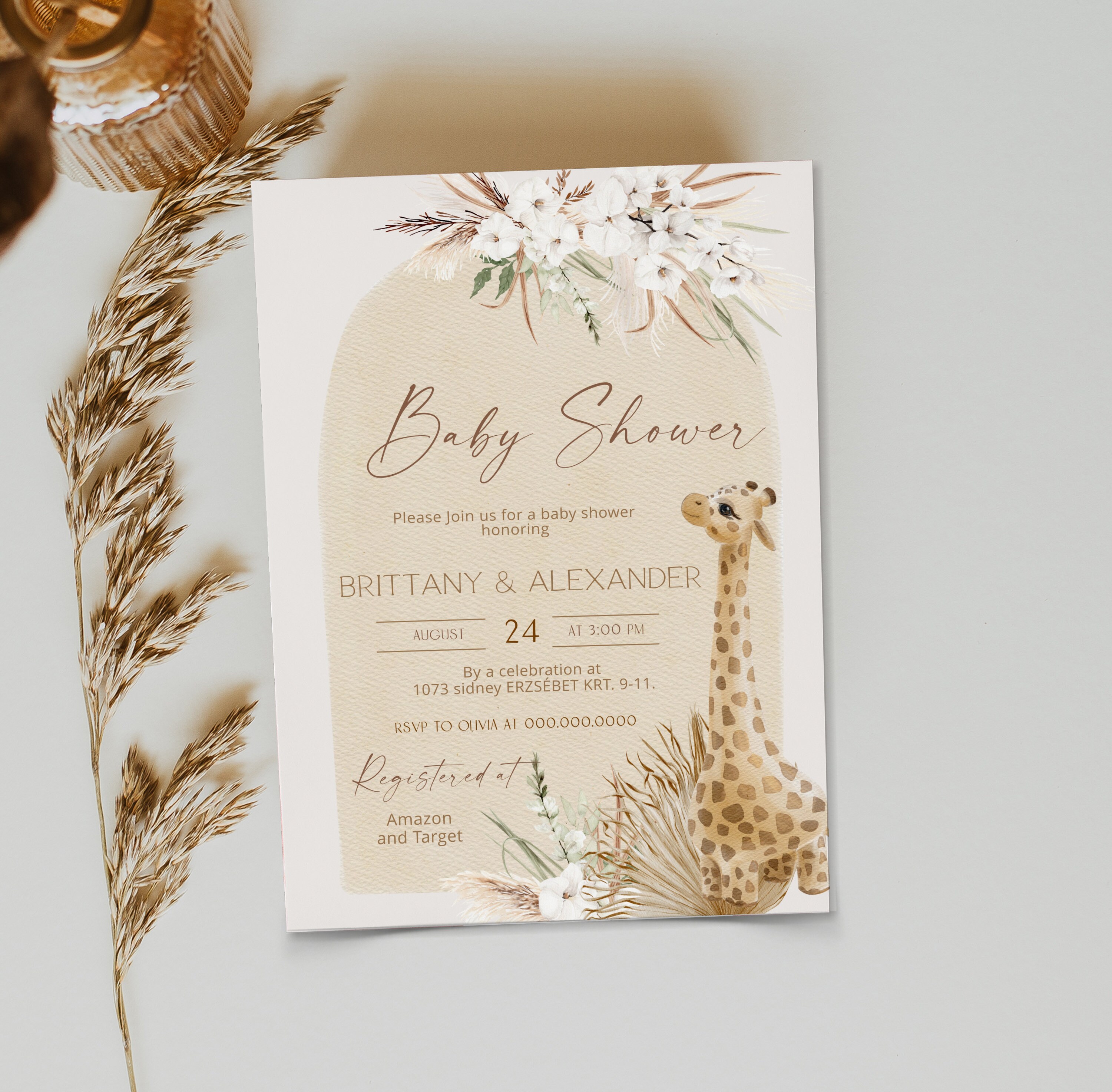 Boho Giraffe Baby Shower Invitation Boho Modern Pampas Grass - Etsy