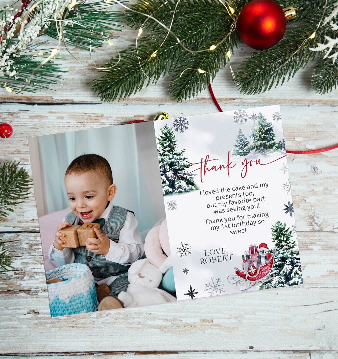 Christmas Birthday Thank You Photo Card, Winter Thank You Cards ...