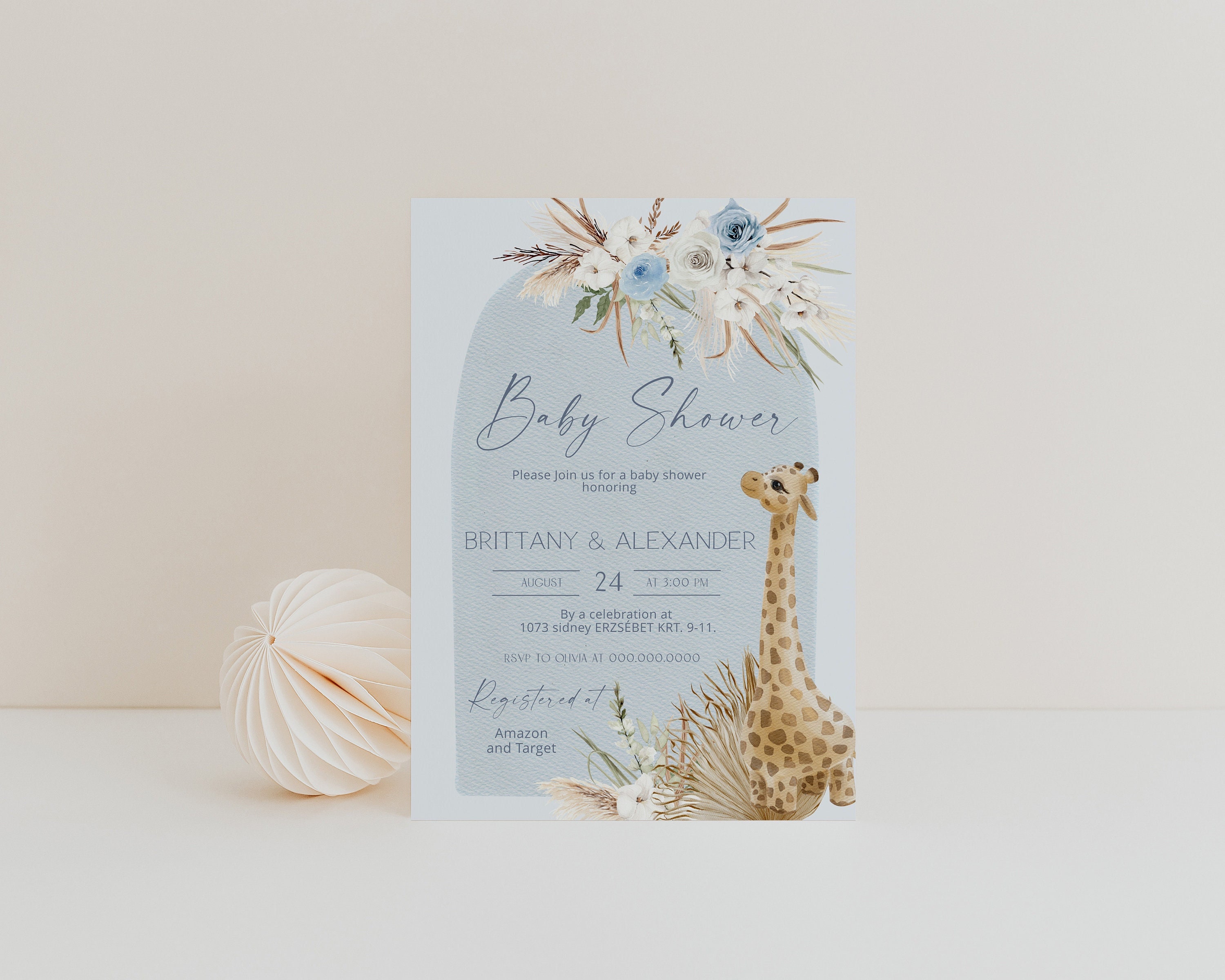 Blue Boho Giraffe Baby Shower Invitation Boho Modern Pampas - Etsy