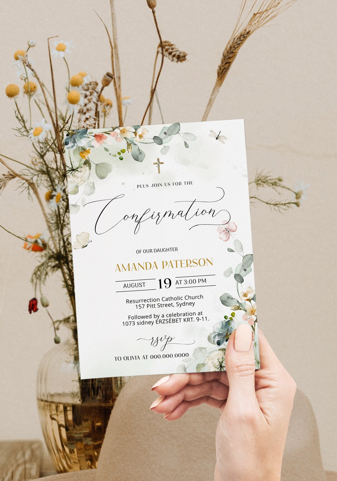 Greenery Confirmation Invitation Template, Gender Neutral, Editable ...