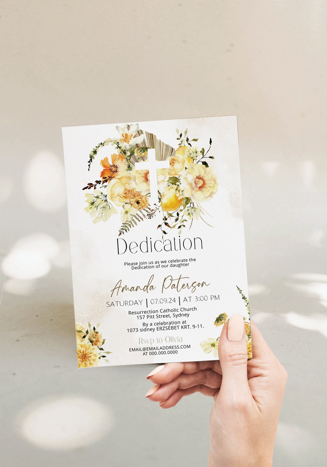 Yellow Flower Dedication Invitation Template, Editable Baptism ...