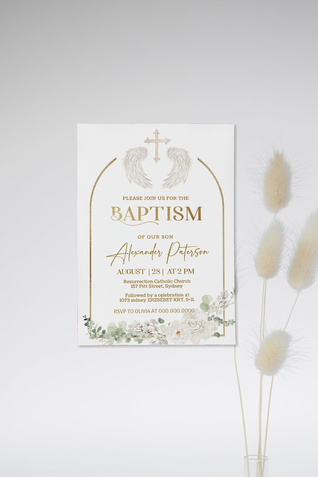 Angel Baptism Invitation Template, Elegant Gold Baptism Invite ...