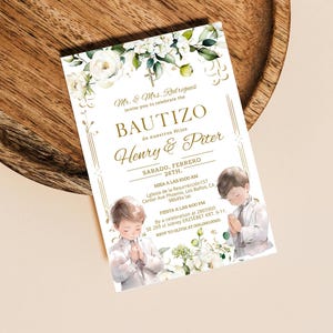 Twin Boys Spanish Baptism Invitation Template, Invitaciones De Bautizo ...