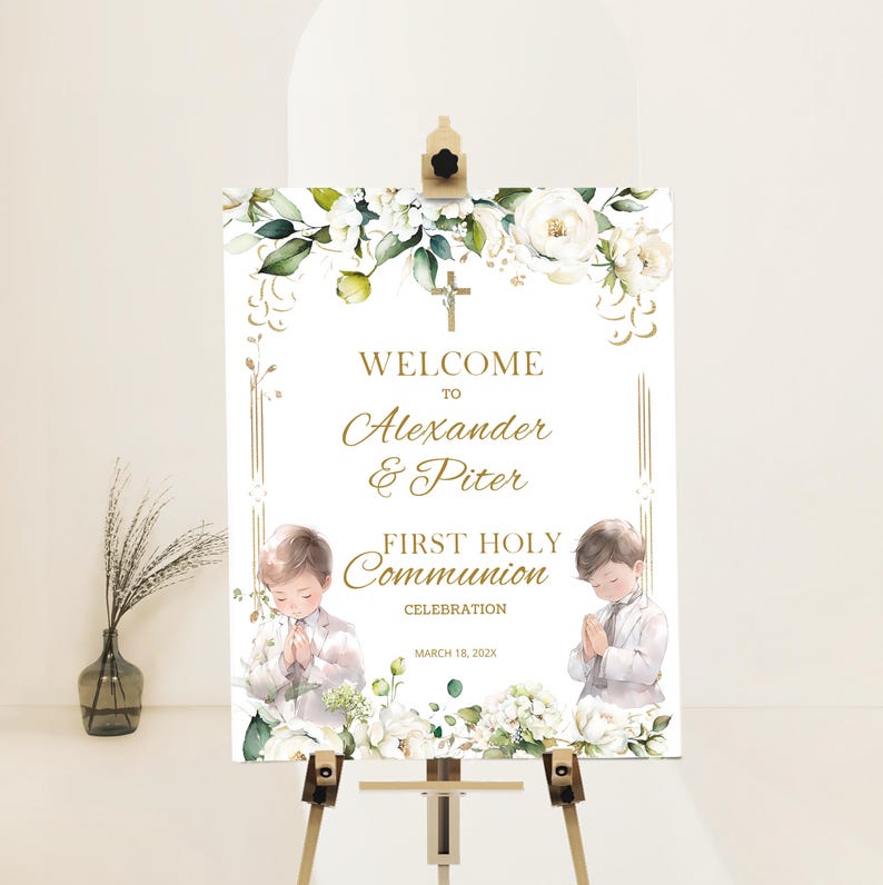Editable Twins Boy First Holy Communion Welcome Sign, Boys Communion ...