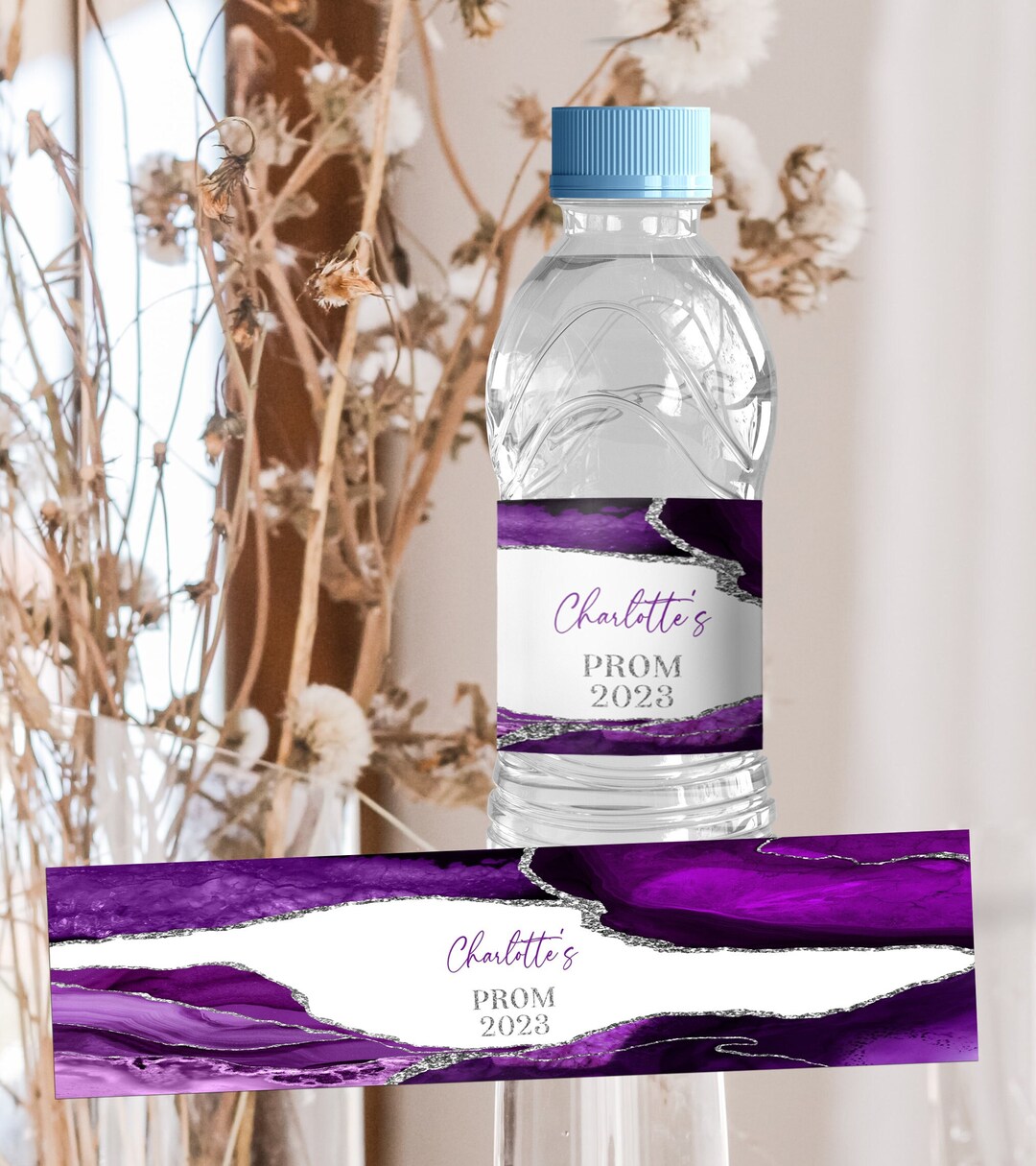 Purple Water Bottle Label, Prom Water Bottle Labels, Printable Water ...