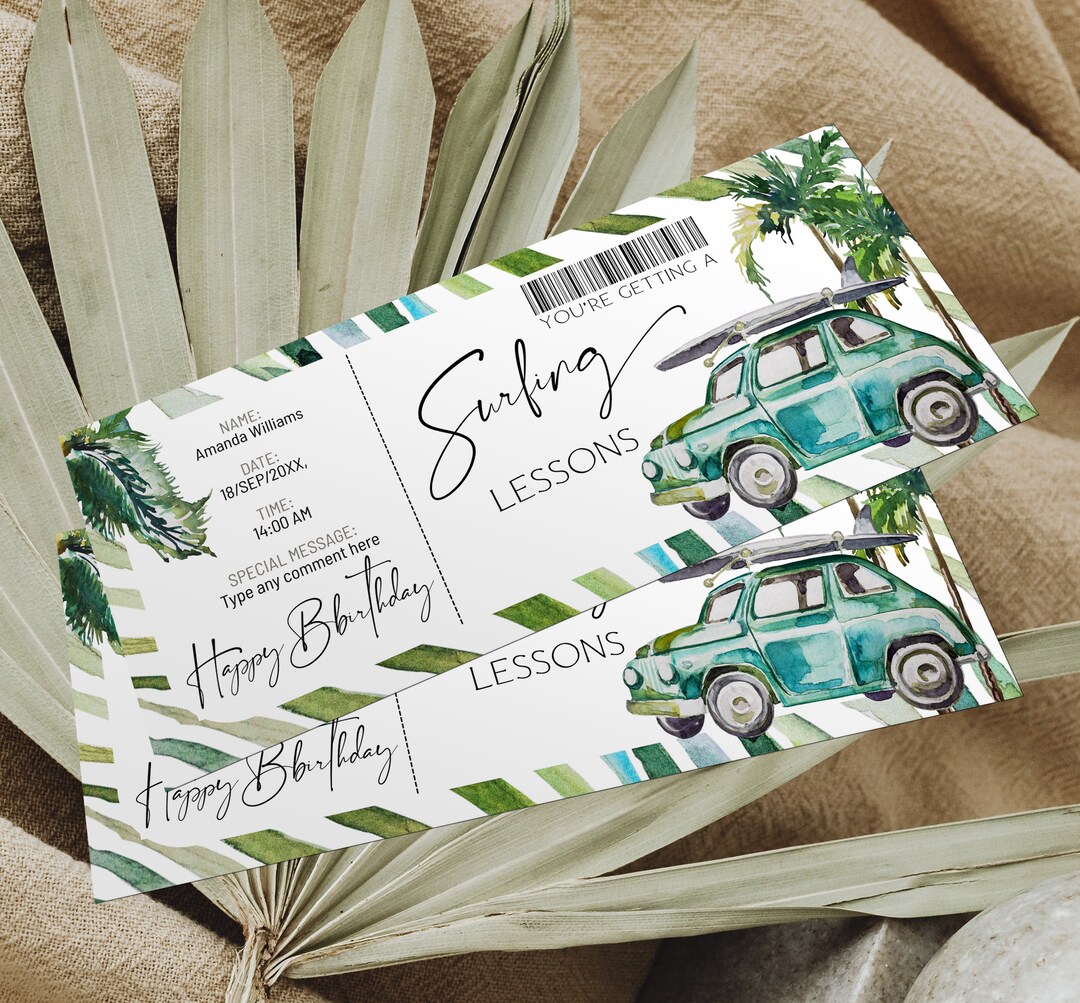 Surfing Lessons Sport Ticket Template, Printable Surprise Surfing ...