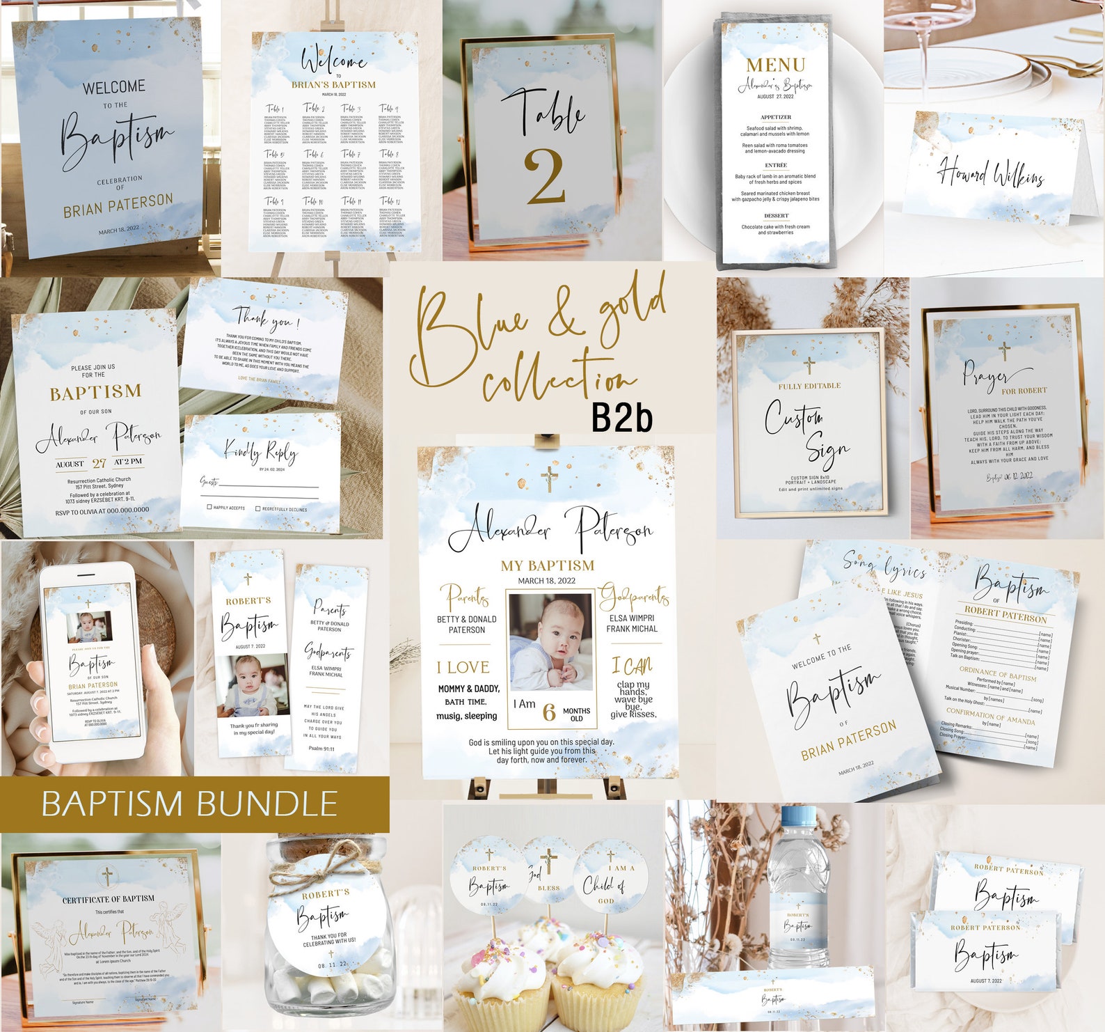 Blue Gold Baptism Menu Template, Light Blue Dinner Menu, Editable Blue ...