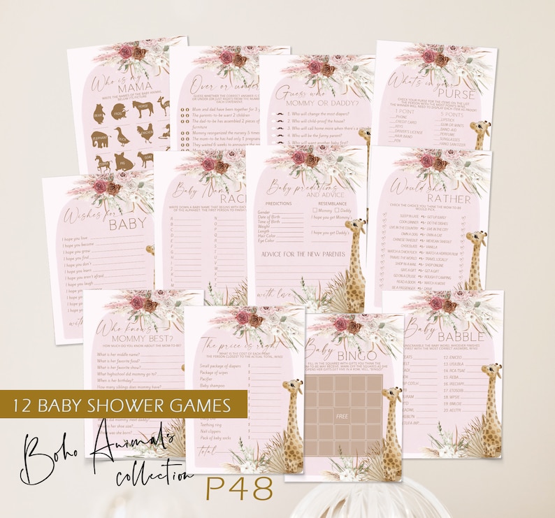 Pink Boho Giraffe Baby Shower Games Bundle Template, Safari Baby Shower ...