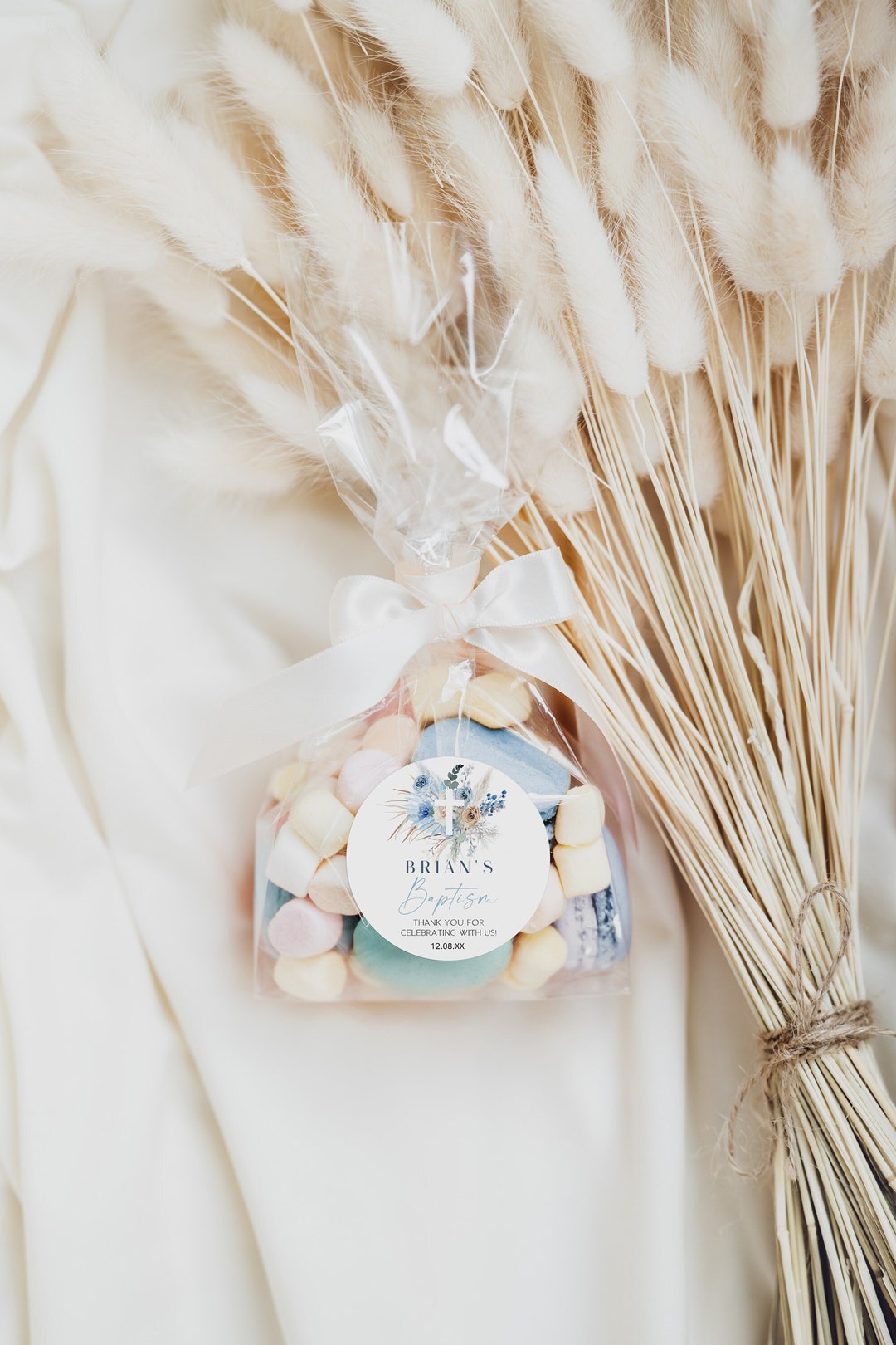 Editable Blue Boho Baptism Favor Tags, Round Thank You Tag Template ...