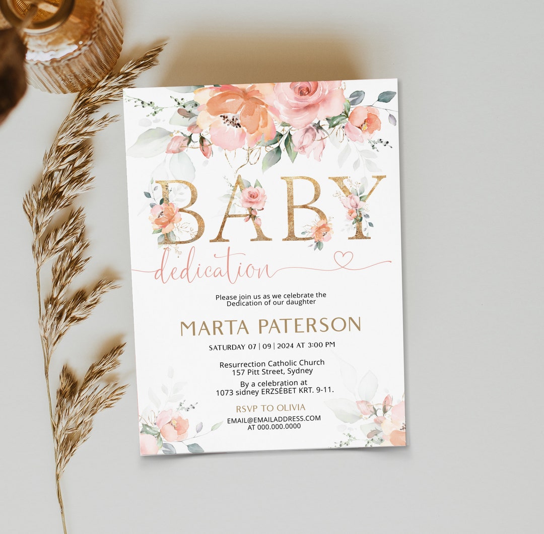 Pink Floral Baby Dedication Invitation Template, Flowers Baptism ...