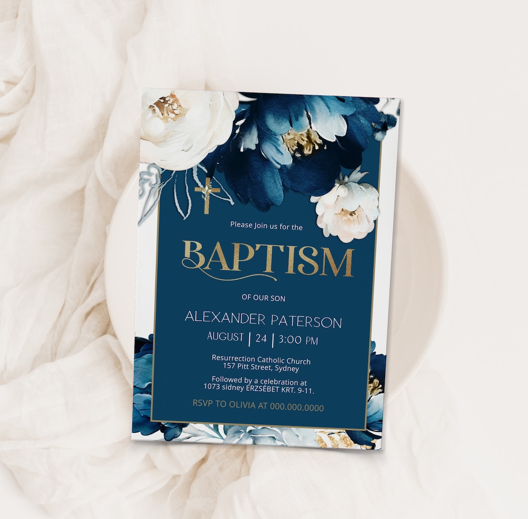 Blue Gold Baptism Invitation Template, Christening Invitation Boy, Boy ...