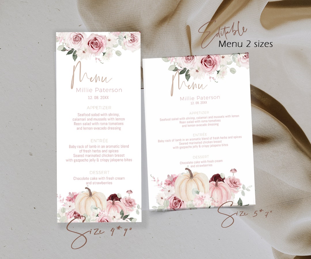 Pink Floral Menu Card, Pumpkin Menu Template, Pampas Grass Menu ...