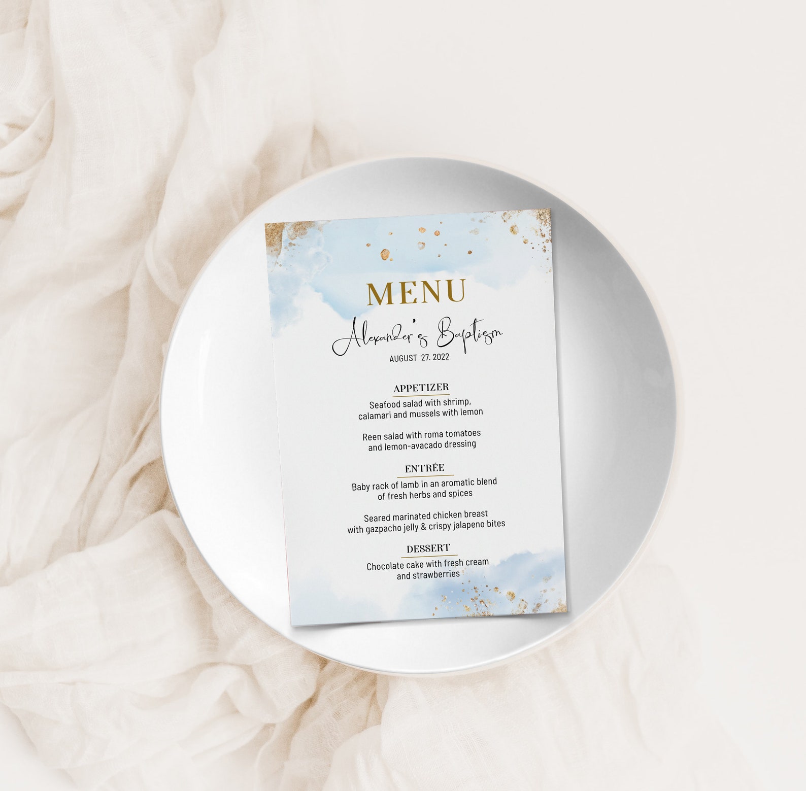 Blue Gold Baptism Menu Template, Light Blue Dinner Menu, Editable Blue ...