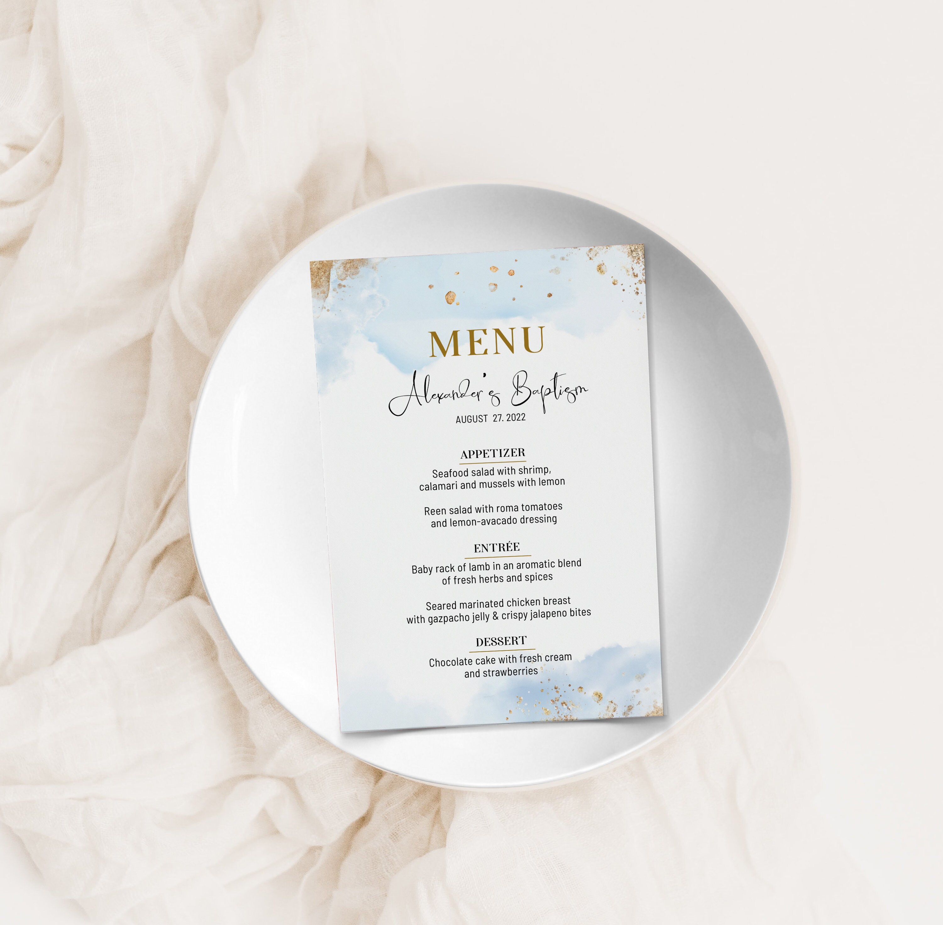 Blue Gold Baptism Menu Template, Light Blue Dinner Menu, Editable Blue ...