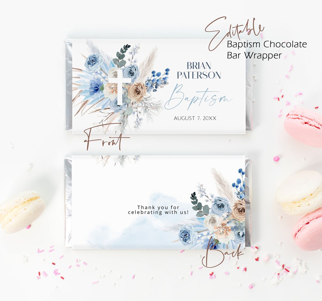 Boho Baptism Chocolate Bar Wrapper Template, Editable Candy Bar Wrapper ...