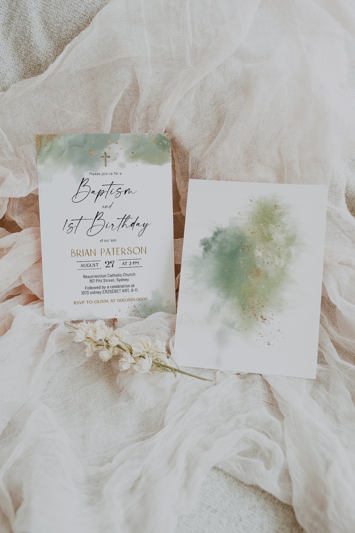 Sage Green Gold Baptism and 1st Birthday Invitation Template ...