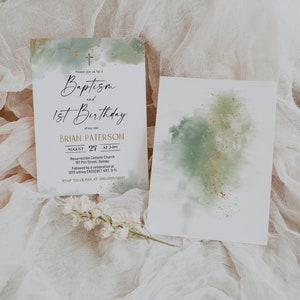 Sage Green Gold Baptism and 1st Birthday Invitation Template ...