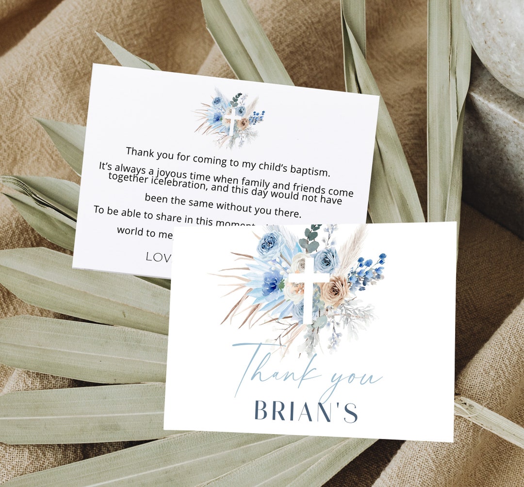 Blue Boho Baptism Thank You Cards, Religious Thank You Note Template ...