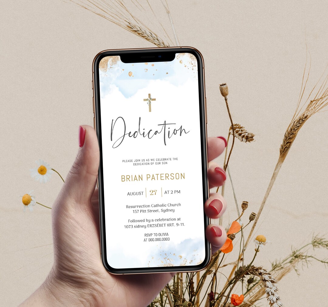 Blue Gold Dedication Invite Template, Editable Blue Gold Baptism Evite ...