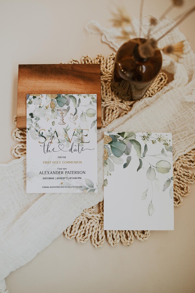 Greenery First Communion Save the Date Template, Catholic Chalice Holy ...
