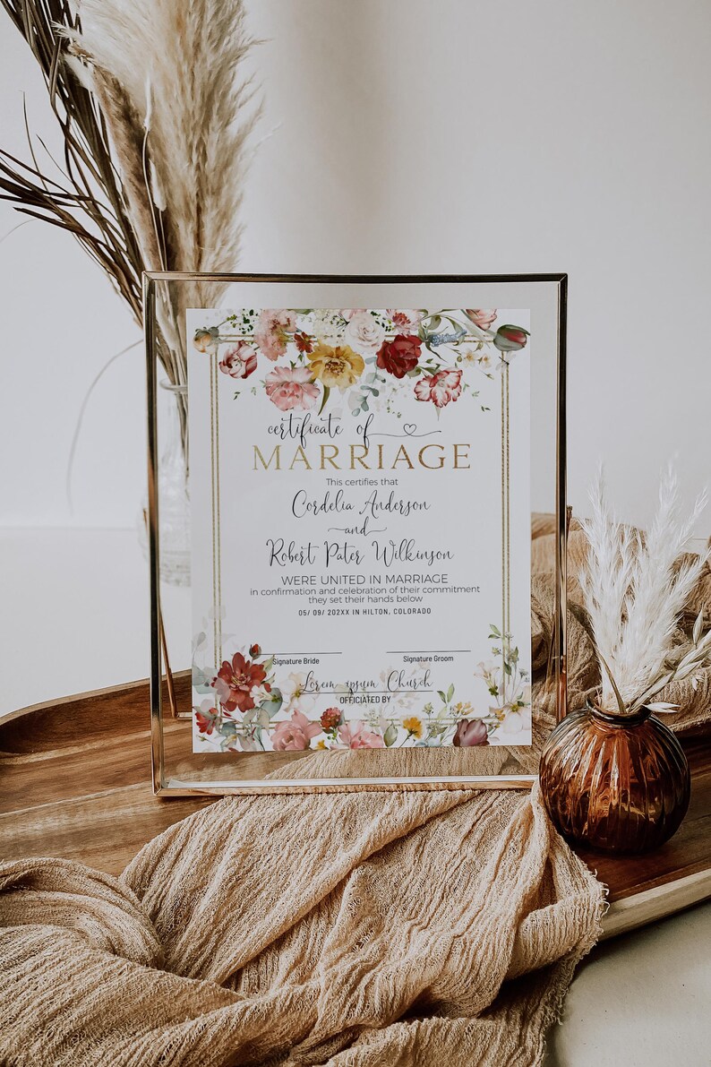 Boho Floral Wedding Certificate Template, Editable Marriage Certificate ...
