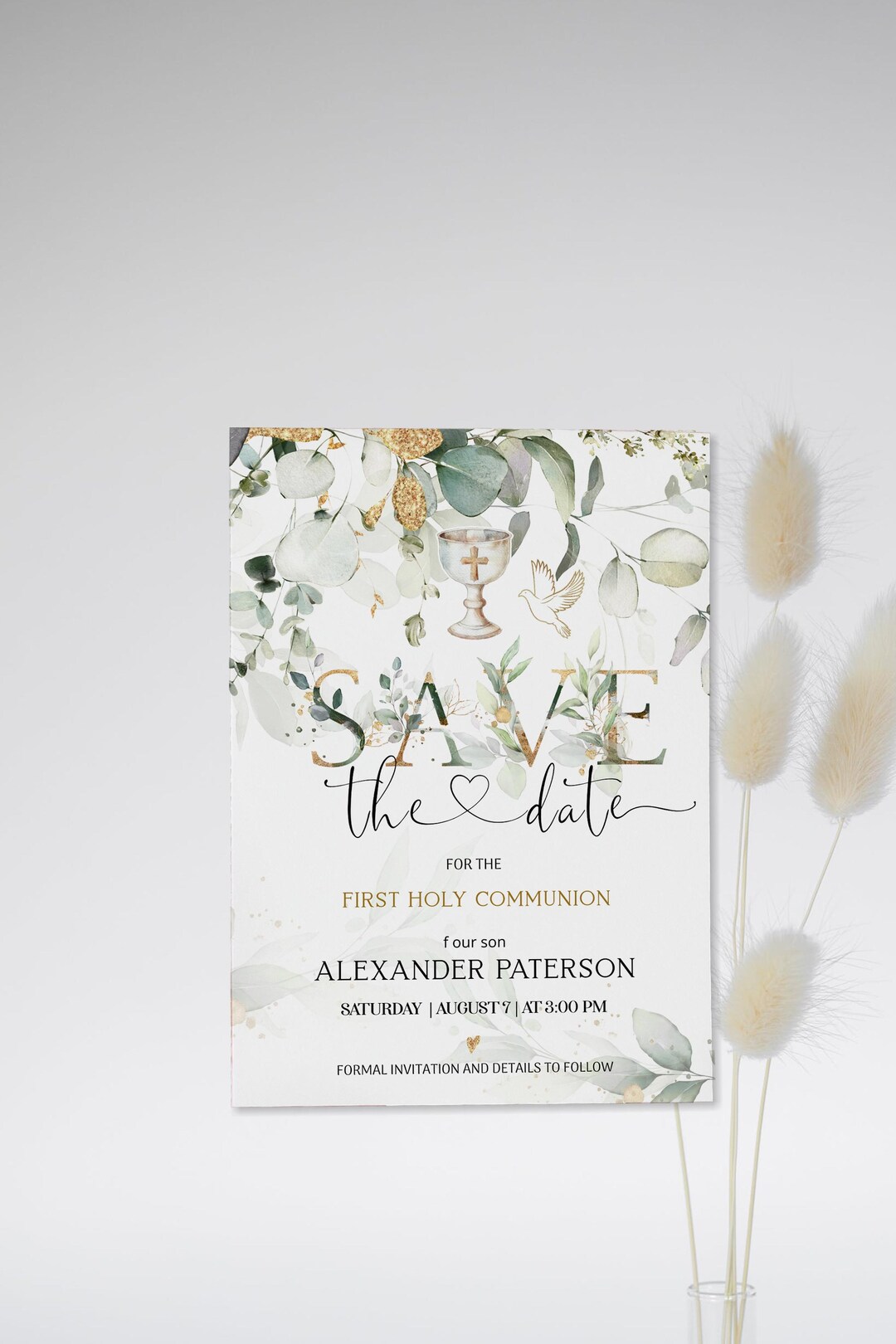 Greenery First Communion Save the Date Template, Catholic Chalice Holy ...